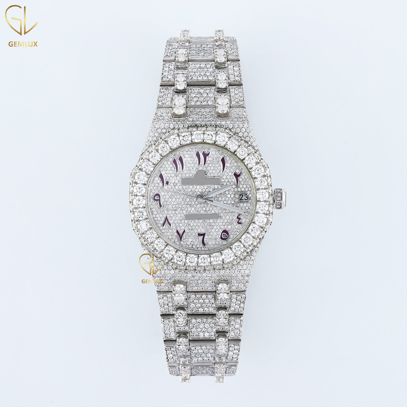 Arabic Number Dial Date Just Iced Out Moissanite Watch - Gemluxjewels.com