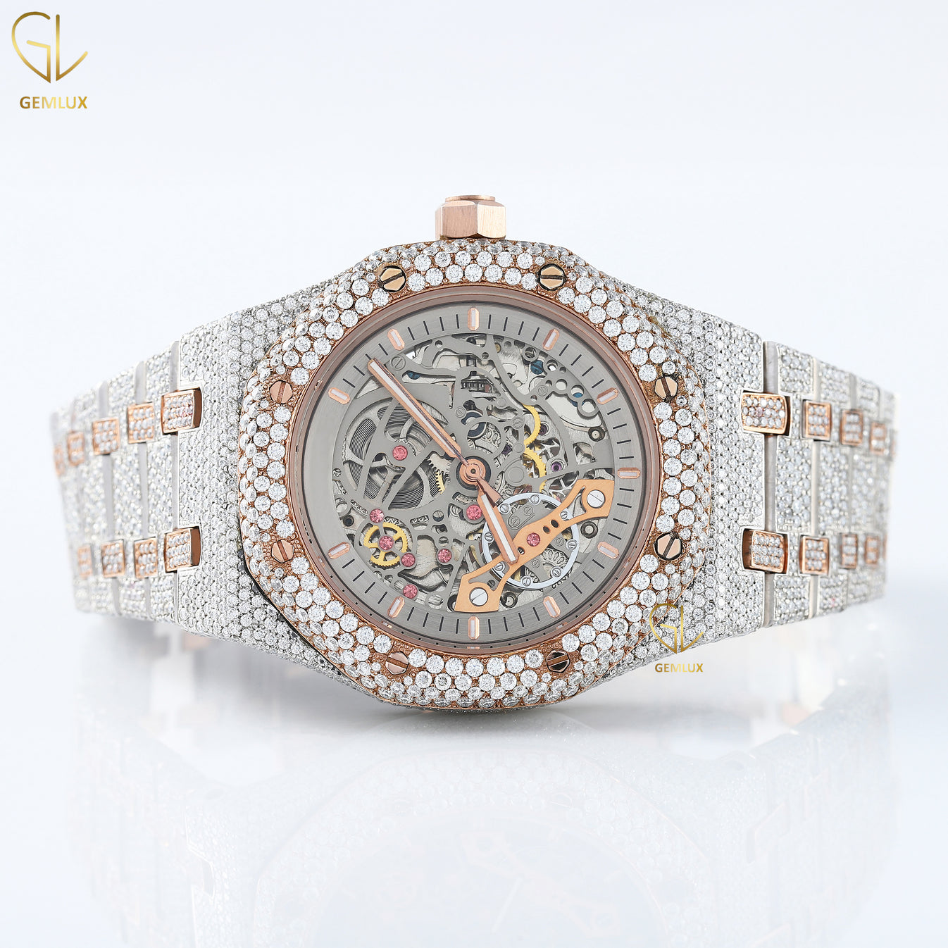 Skeleton Dial Rose Gold Stainless Steel VVS Moissanite Diamond Watch ...