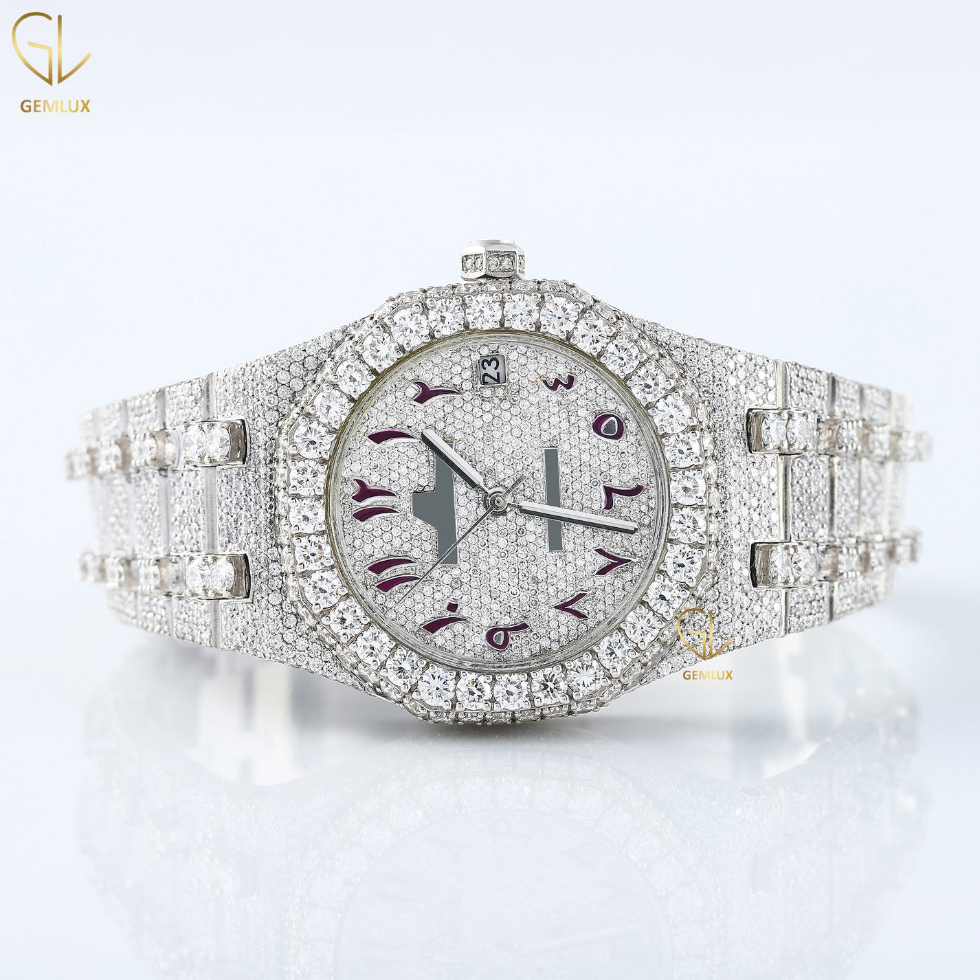 Arabic Number Dial Date Just Iced Out Moissanite Watch - Gemluxjewels.com