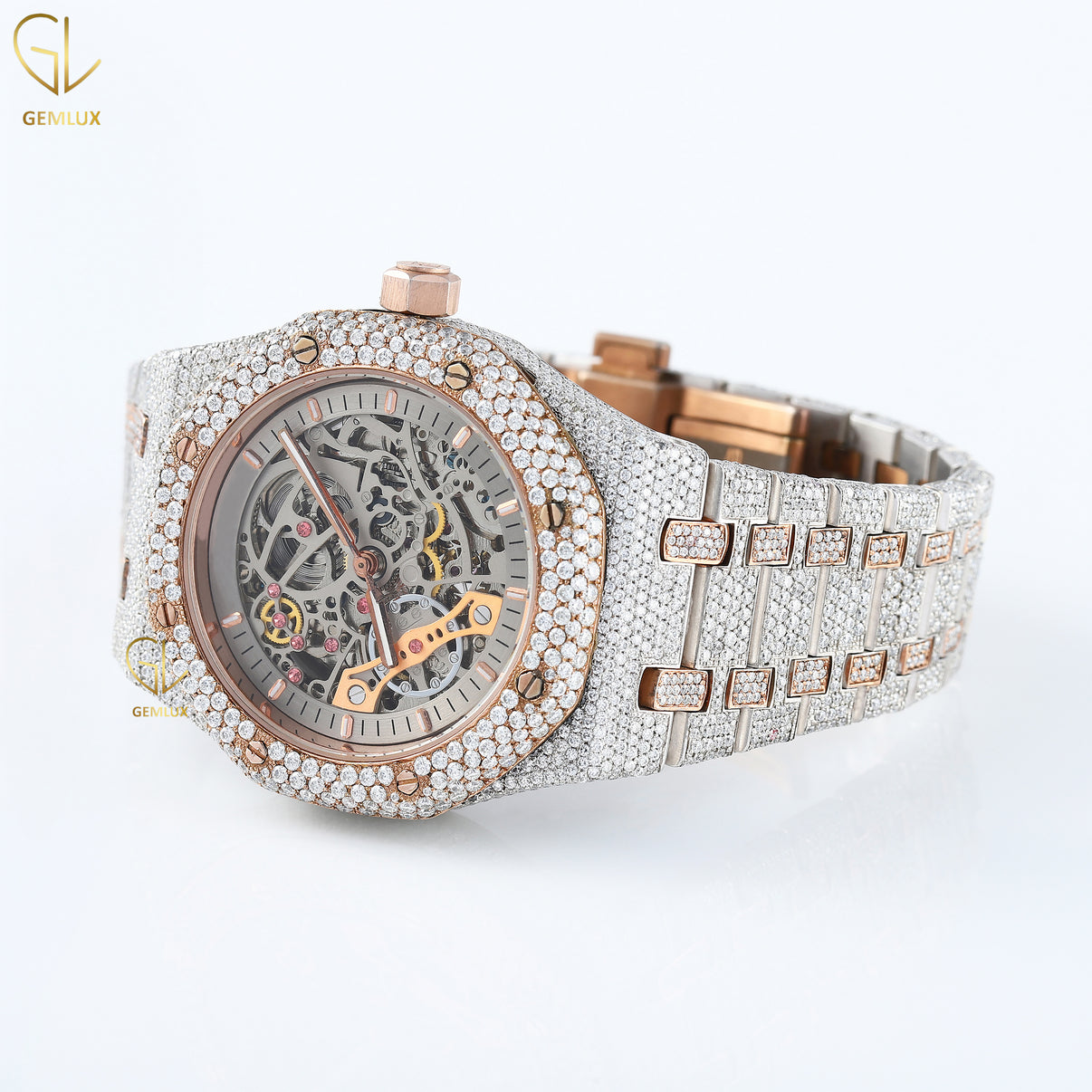 Skeleton Dial Rose Gold Stainless Steel VVS Moissanite Diamond Watch ...