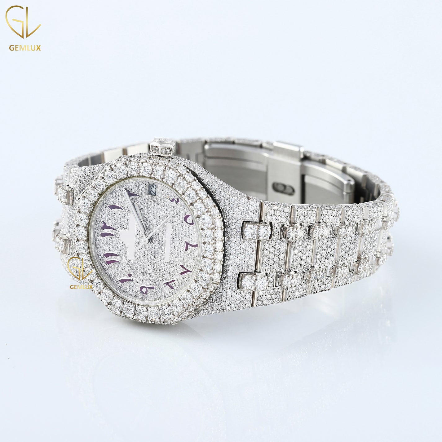 Arabic Number Dial Date Just Iced Out Moissanite Watch - Gemluxjewels.com