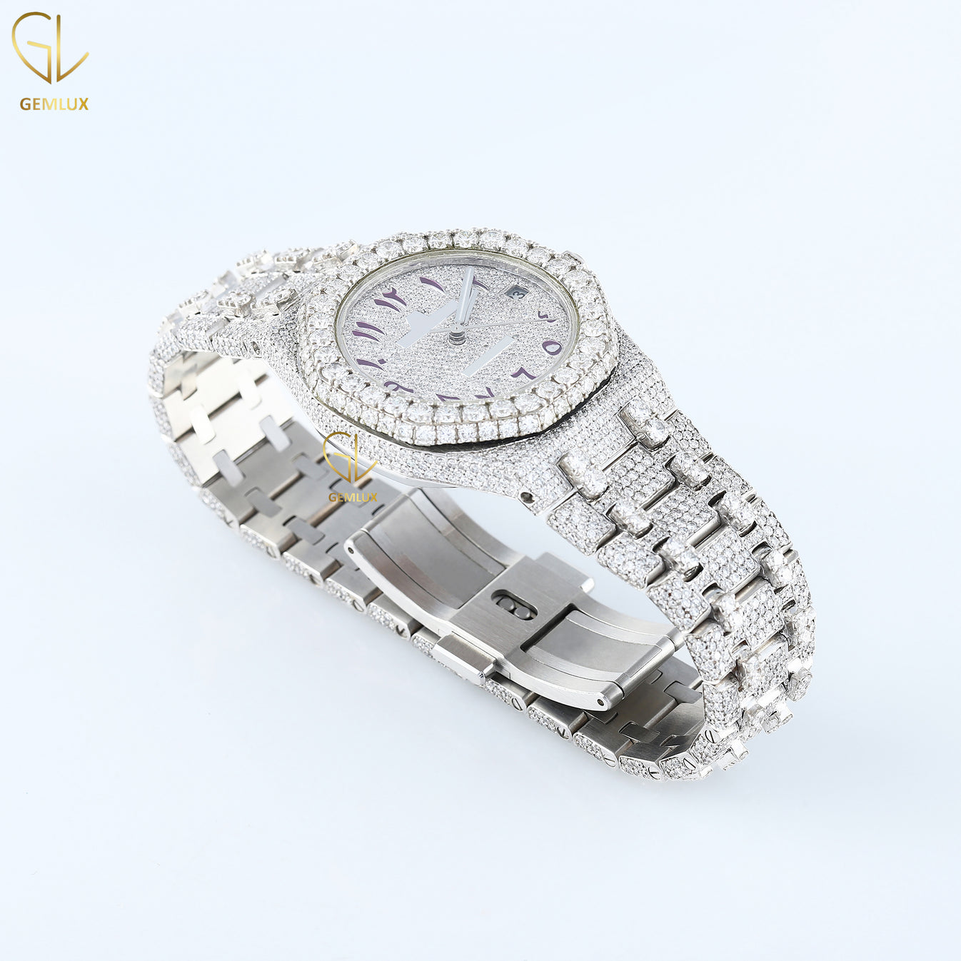 Arabic Number Dial Date Just Iced Out Moissanite Watch - Gemluxjewels.com